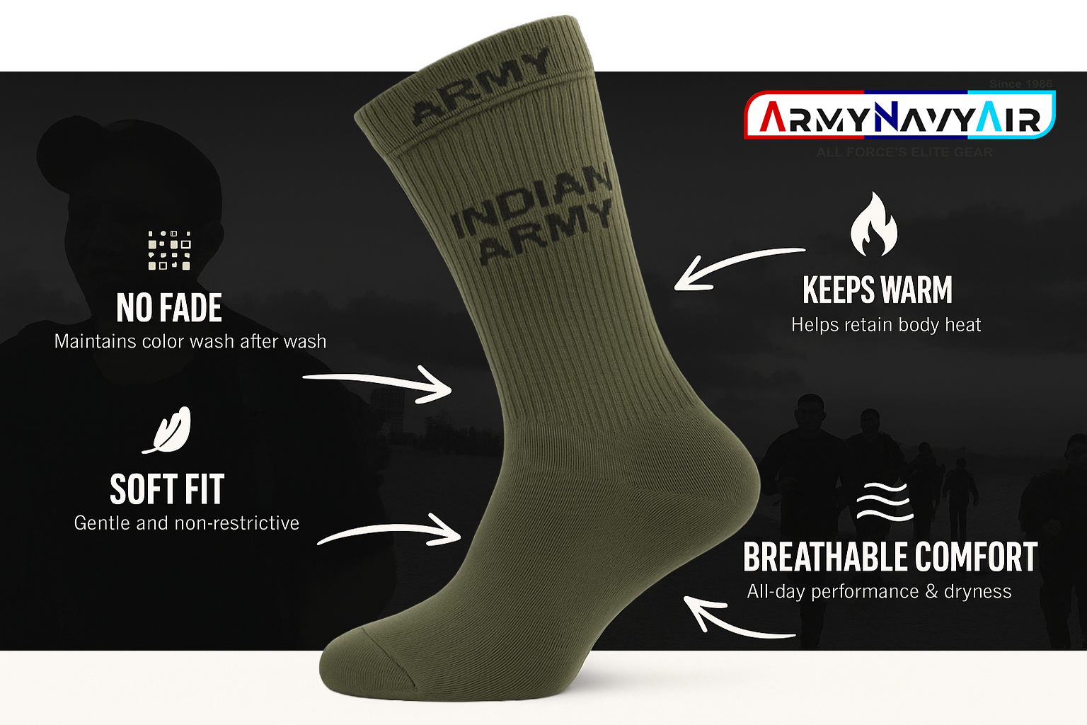 Indian Army Cotton Socks - Set of 3 - Durable Crew Socks