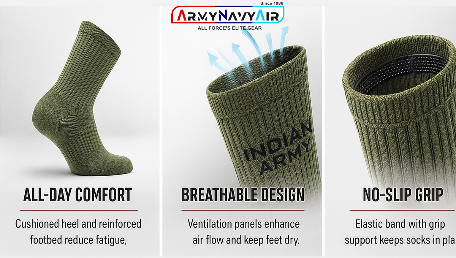 Indian Army Cotton Socks - Set of 3 - Durable Crew Socks
